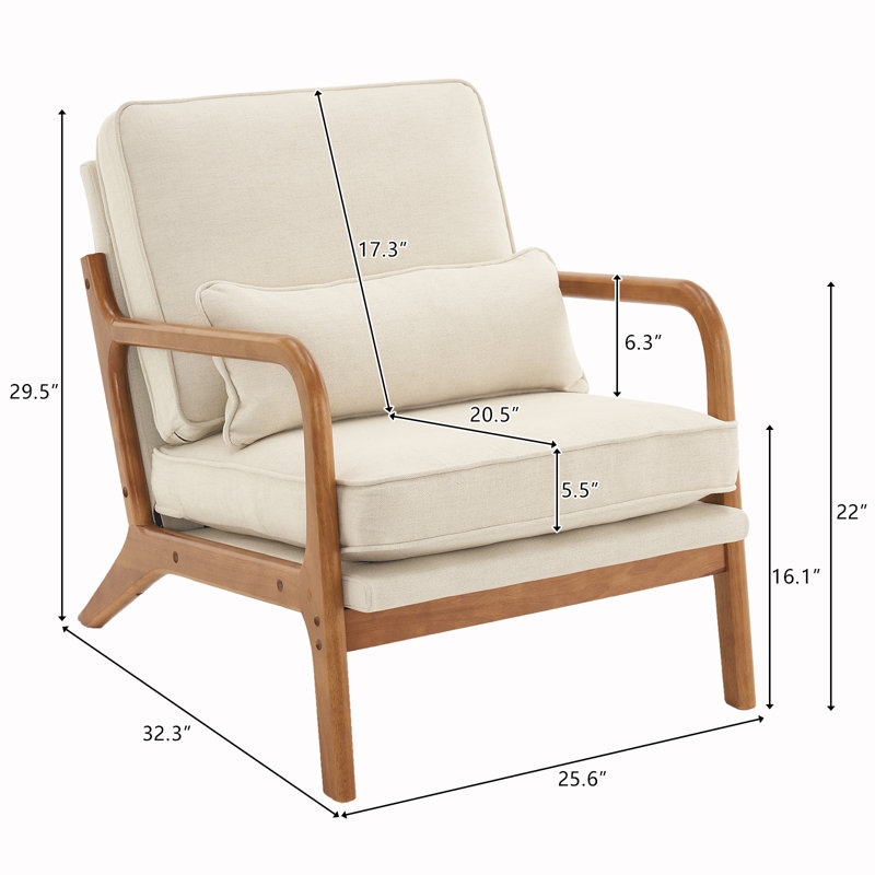 George Oliver Mid Century Solid Wood Accent Chair Upholstered Armchair with an Extra Pillow ...